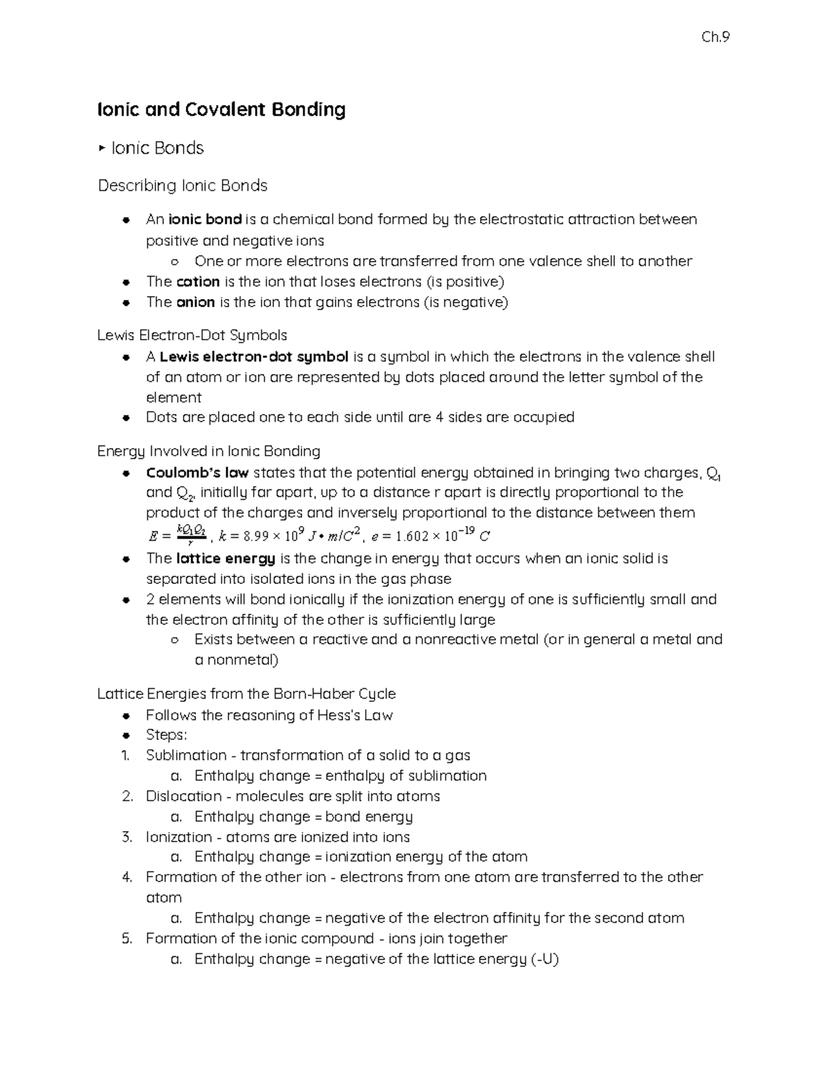 Ch.9 Notes - Ch Ionic and Covalent Bonding Ionic Bonds Describing Ionic ...