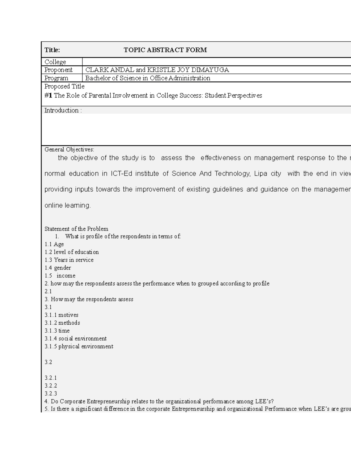 Aly Javier - NOTES - Title: TOPIC ABSTRACT FORM College Proponent CLARK ...