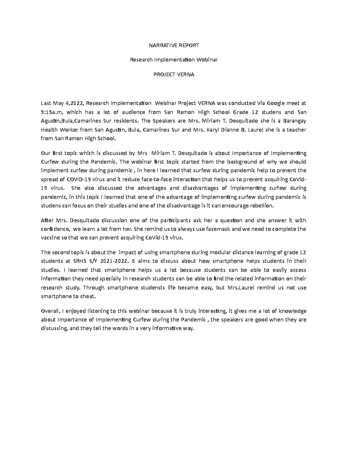 Narrative Report-WPS Office - NARRATIVE REPORT Research Implementation ...