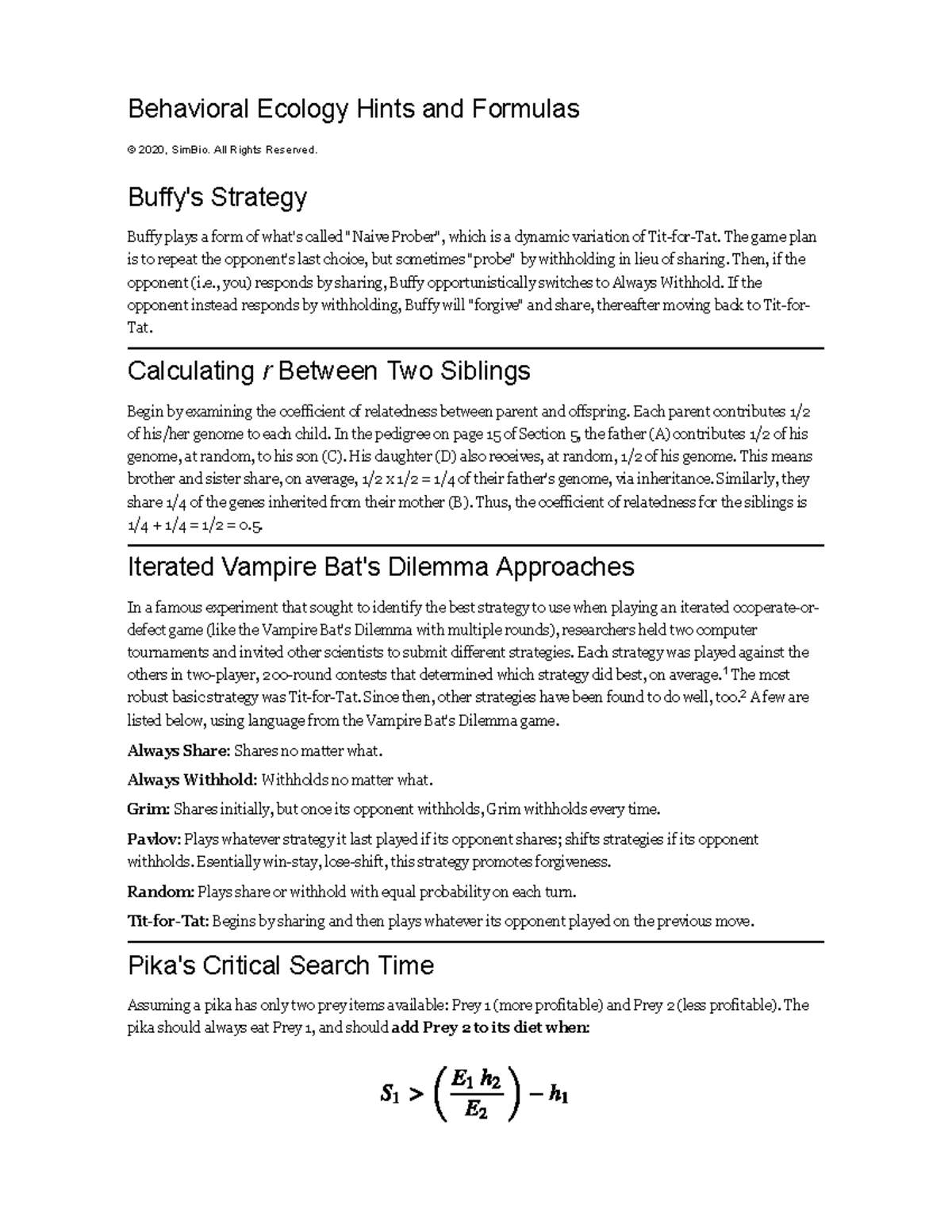 Behavioral Ecology Hints and Formulas Sheet - Behavioral Ecology Hints ...
