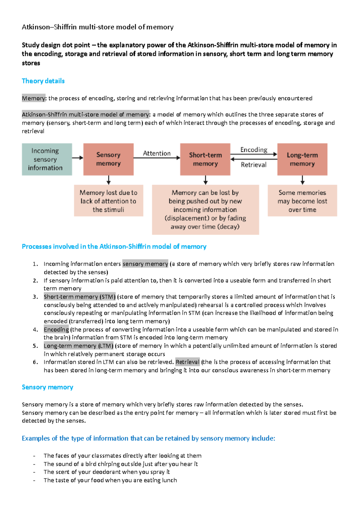 Atkinson shiffrin - notes - Atkinson–Shiffrin multi-store model of ...