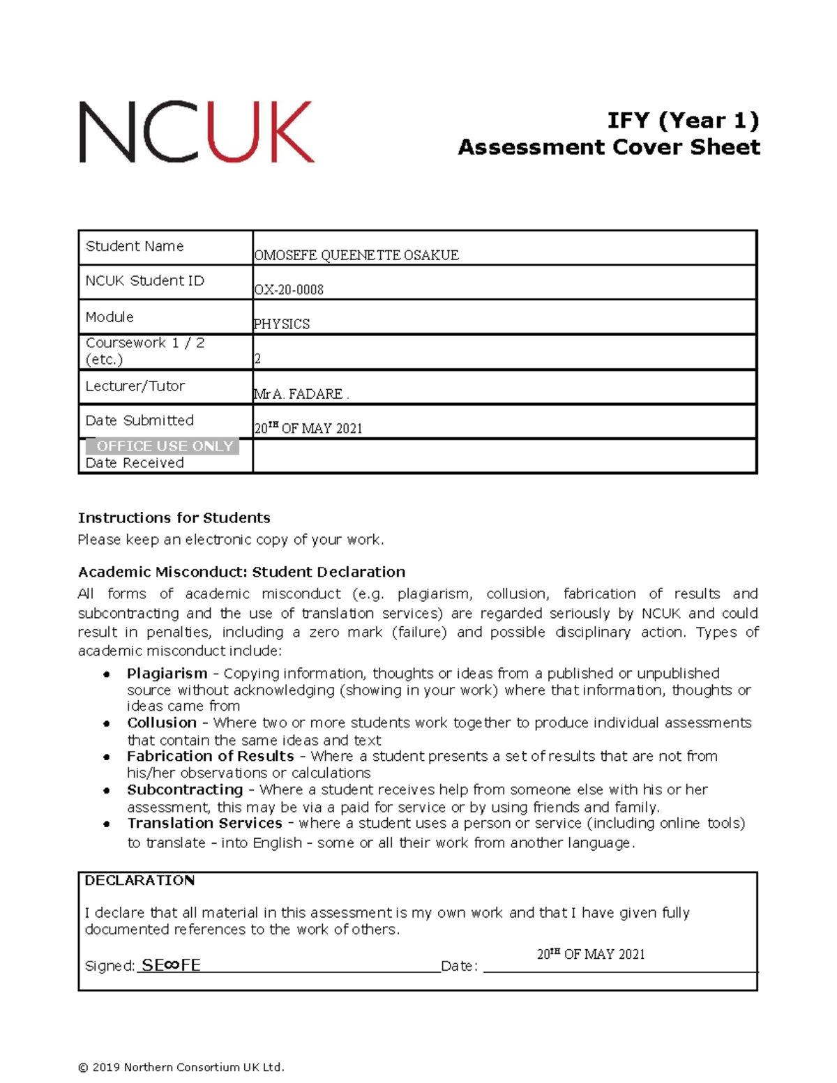 Omosefe Osakue Physics coursework 2 desc - IFY (Year 1) Assessment ...