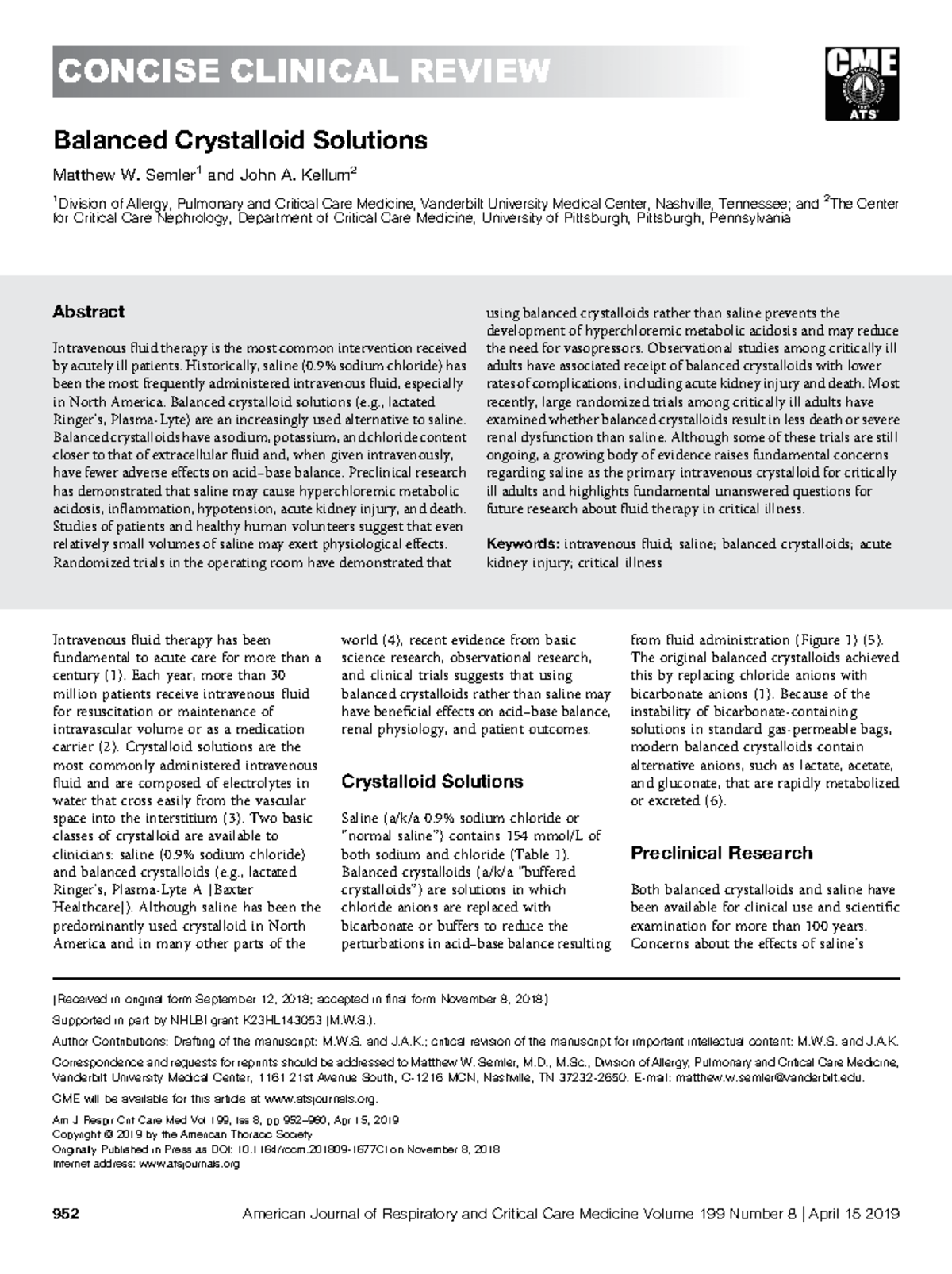 Balanced Crystalloid Solutions (American Journal of Respiratory and ...