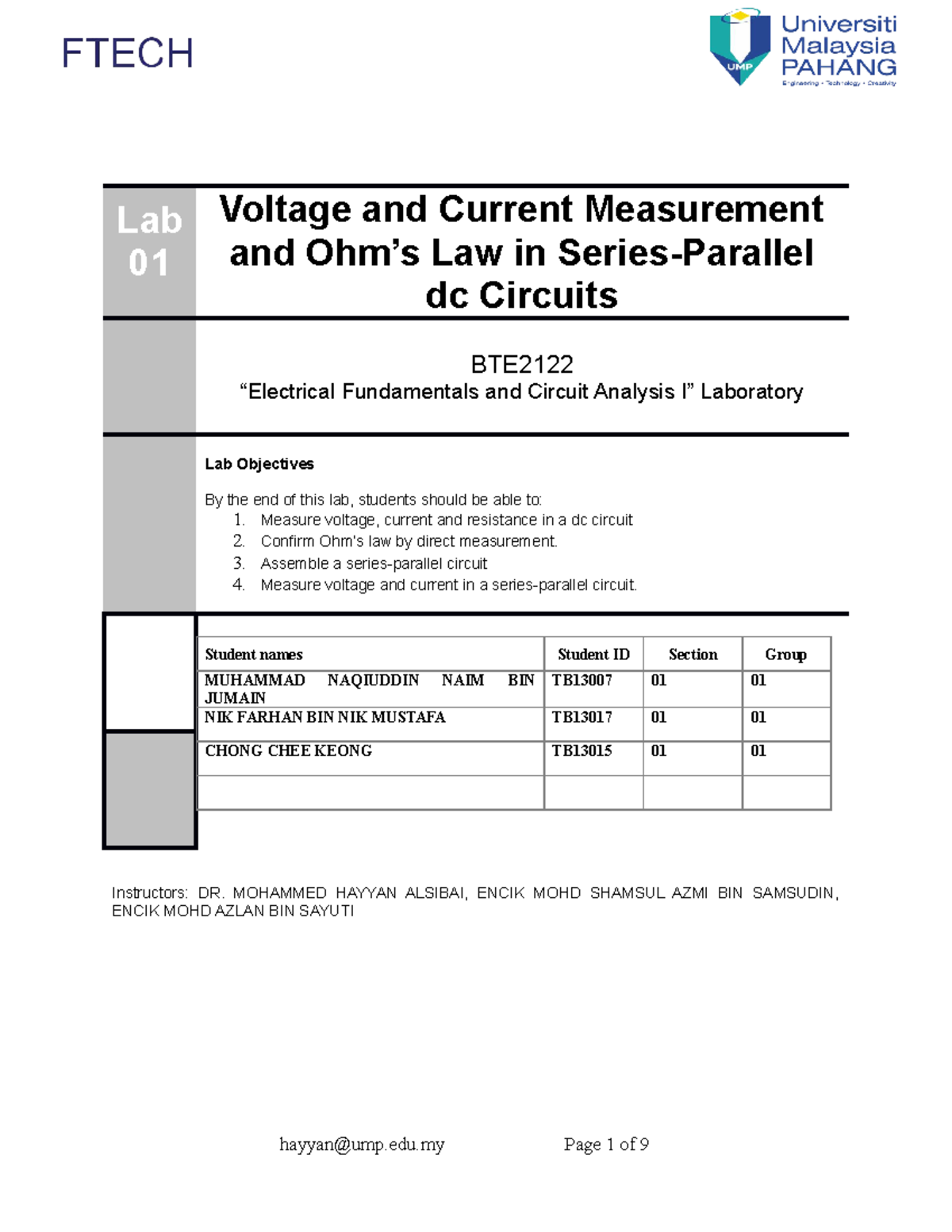 Lab 01 Voltage and Current Measurement a - Lab 01 Voltage and Current ...