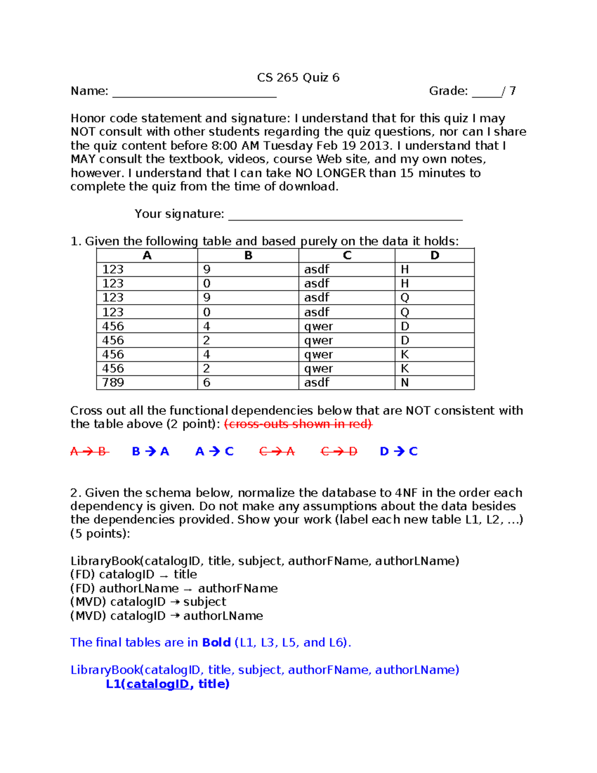 Quiz-6-KEY - asasa - CS 265 Quiz 6 Name ...