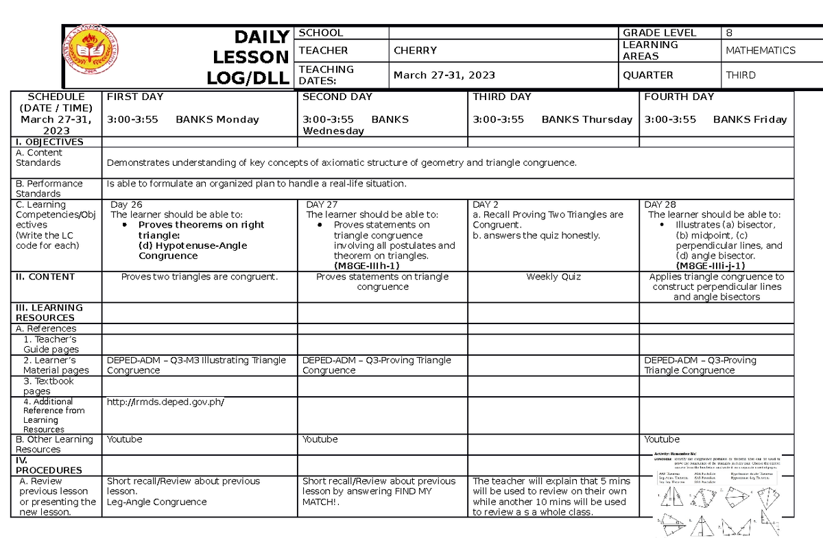 MAR-27-31-DLL Q3 - Math8 - DAILY LESSON LOG/DLL SCHOOL GRADE LEVEL 8 ...