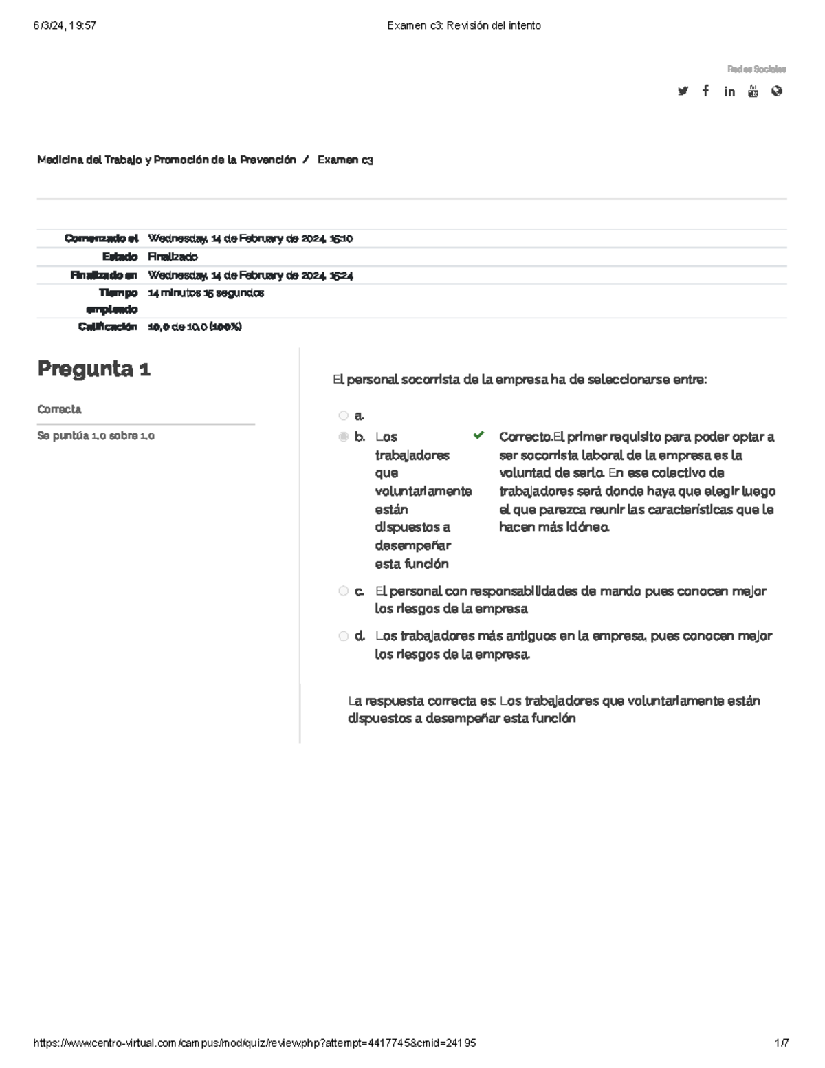 Examen c3 Revisión del intento - Redes Sociales Medicina del Trabajo y ...
