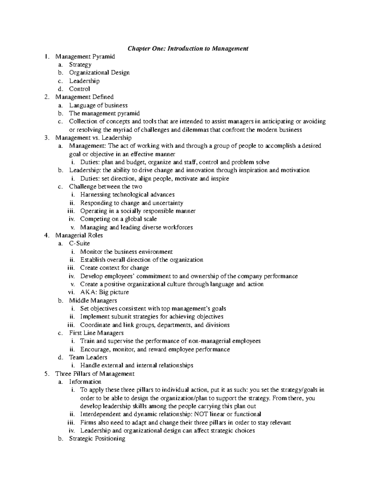 Test 1 Study Guide - Chapter One: Introduction to Management 1 Pyramid ...