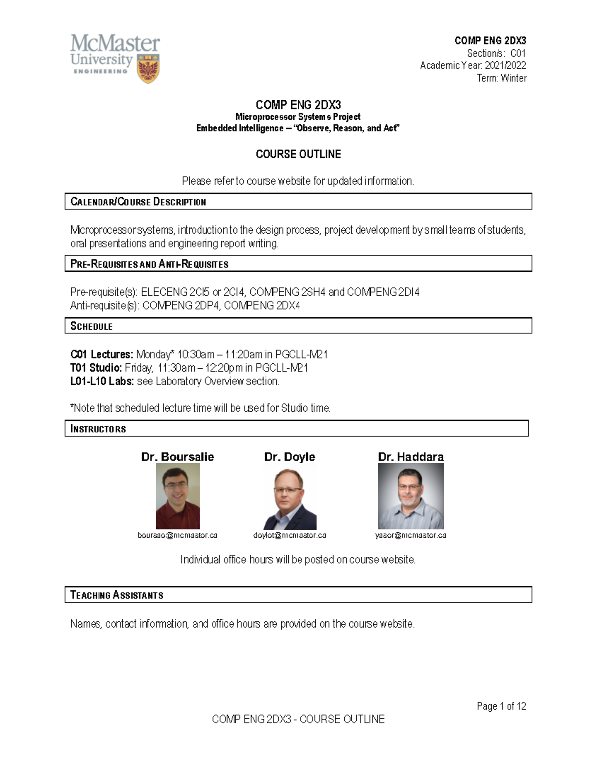 2021-2022 Comp Eng 2DX3 Course Outline Winter Final - Section/s: C ...