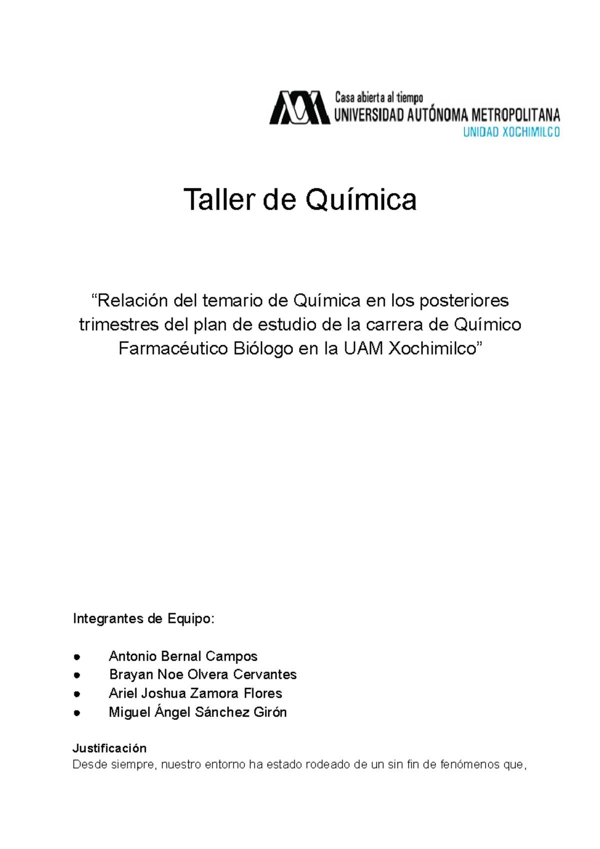 Relación de los módulos de la carrera de QFB de la UAM-X con el taller ...