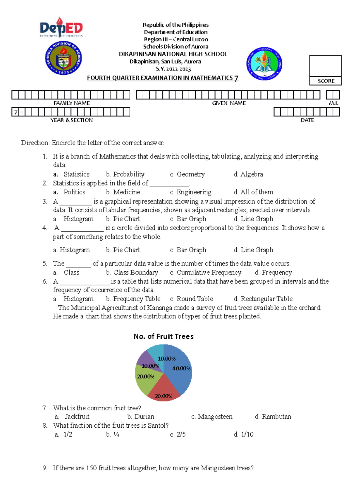 Q4- MATH 7 exam - examination - Republic of the Philippines Department ...