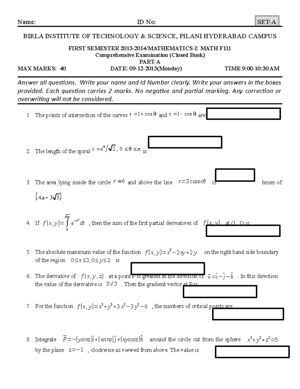 Compre+Part+A+Set+A - Comprehensive Exam Question Paper - Name: ID No: SET-A BIRLA INSTITUTE OF ...