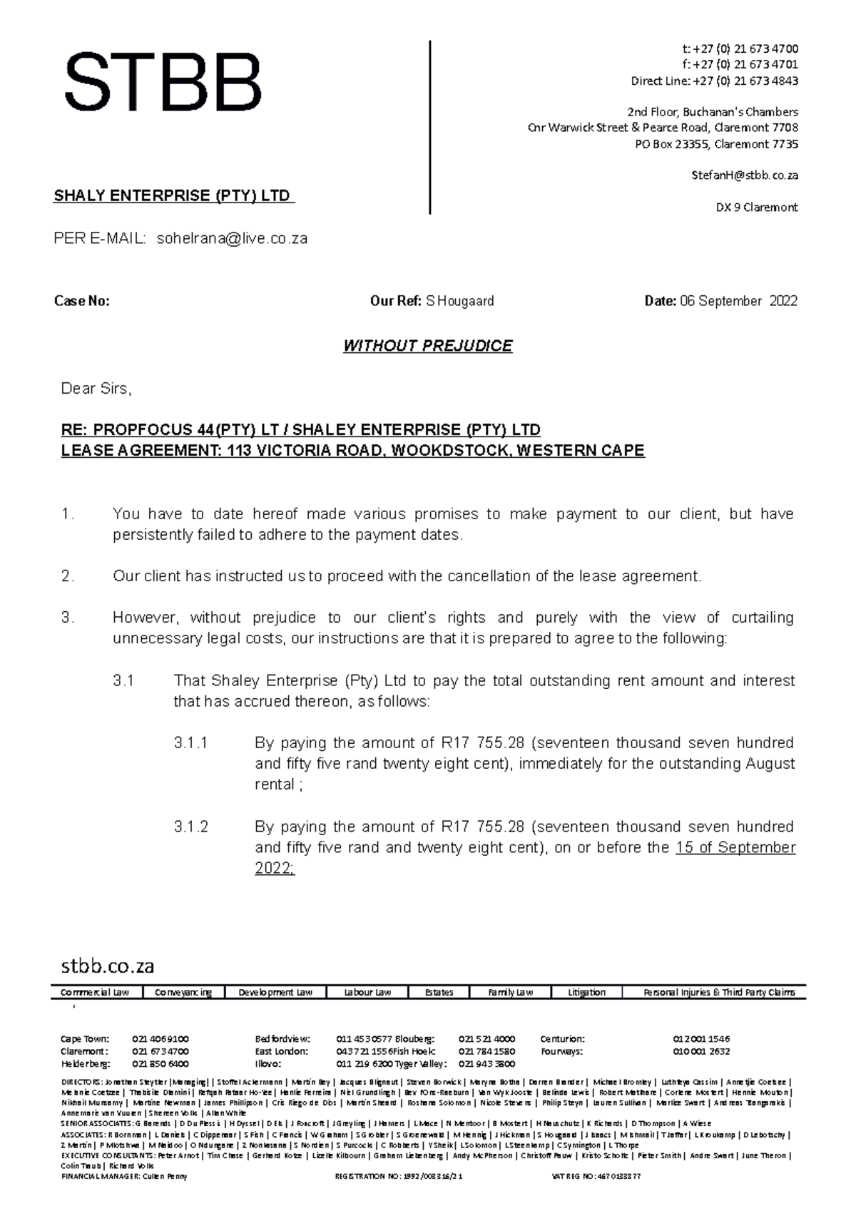 Letter TO Shaley Enterprise. (06 09 2022) (WOP) - t: +27 (0) 21 673 4700 f: +27 (0) 21 673 4701 ...