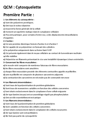 QCM1 Cellule eucaryote - Cours : Organisation générale de la cellule 1 ...