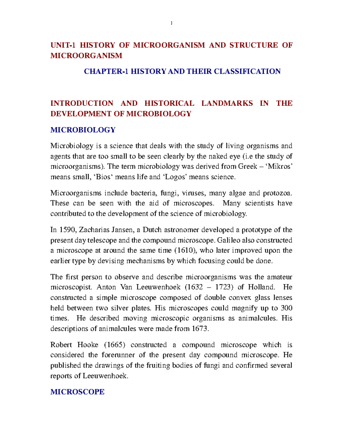 AAHM-111 - Fundamentals of Microbiology - UNIT-1 HISTORY OF ...