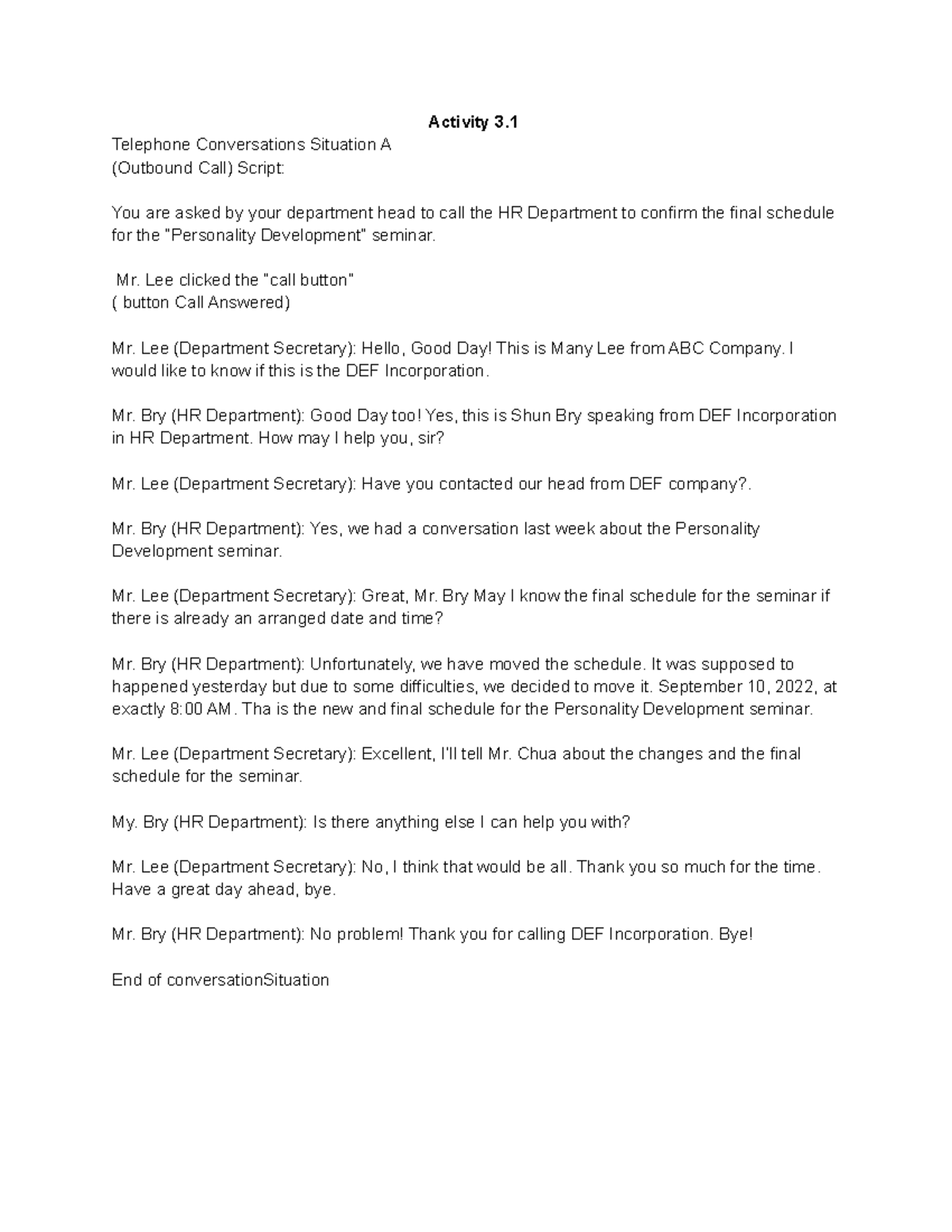 EP 1 Activity 1. 3 - Telephone conversation - Activity 3. Telephone ...