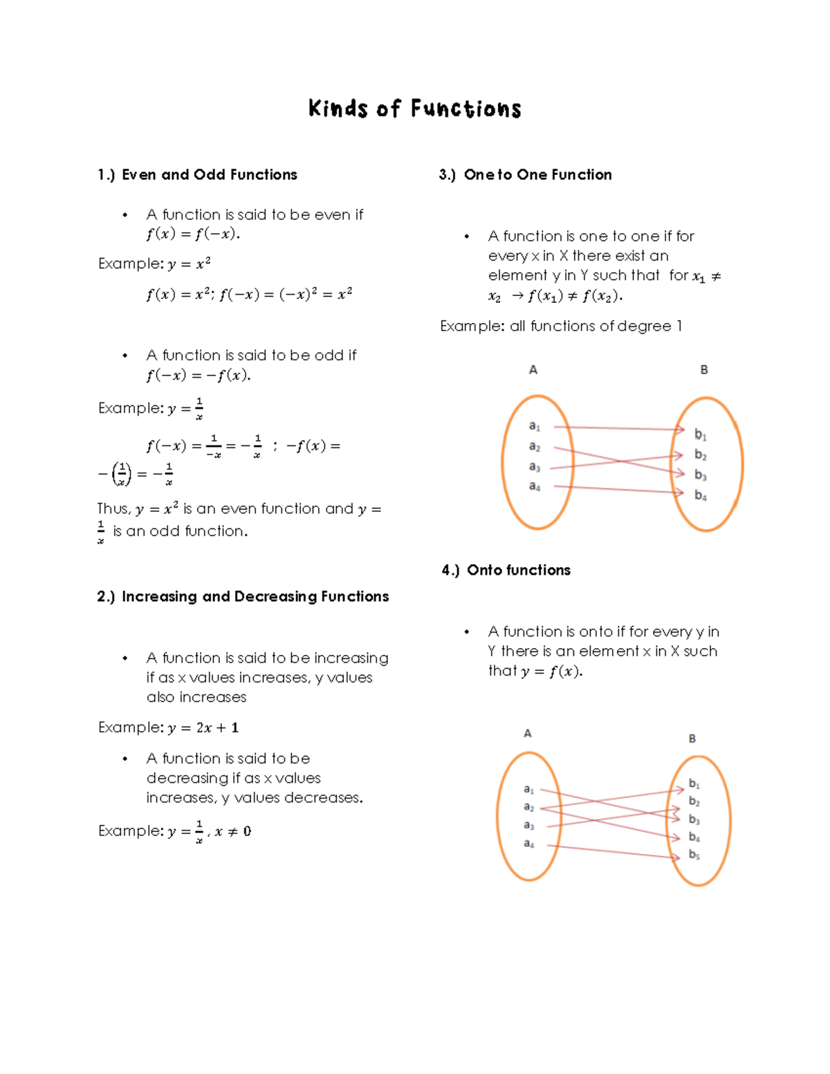 Kinds of Functions - notes - 1.) Even and Odd Functions A function is ...