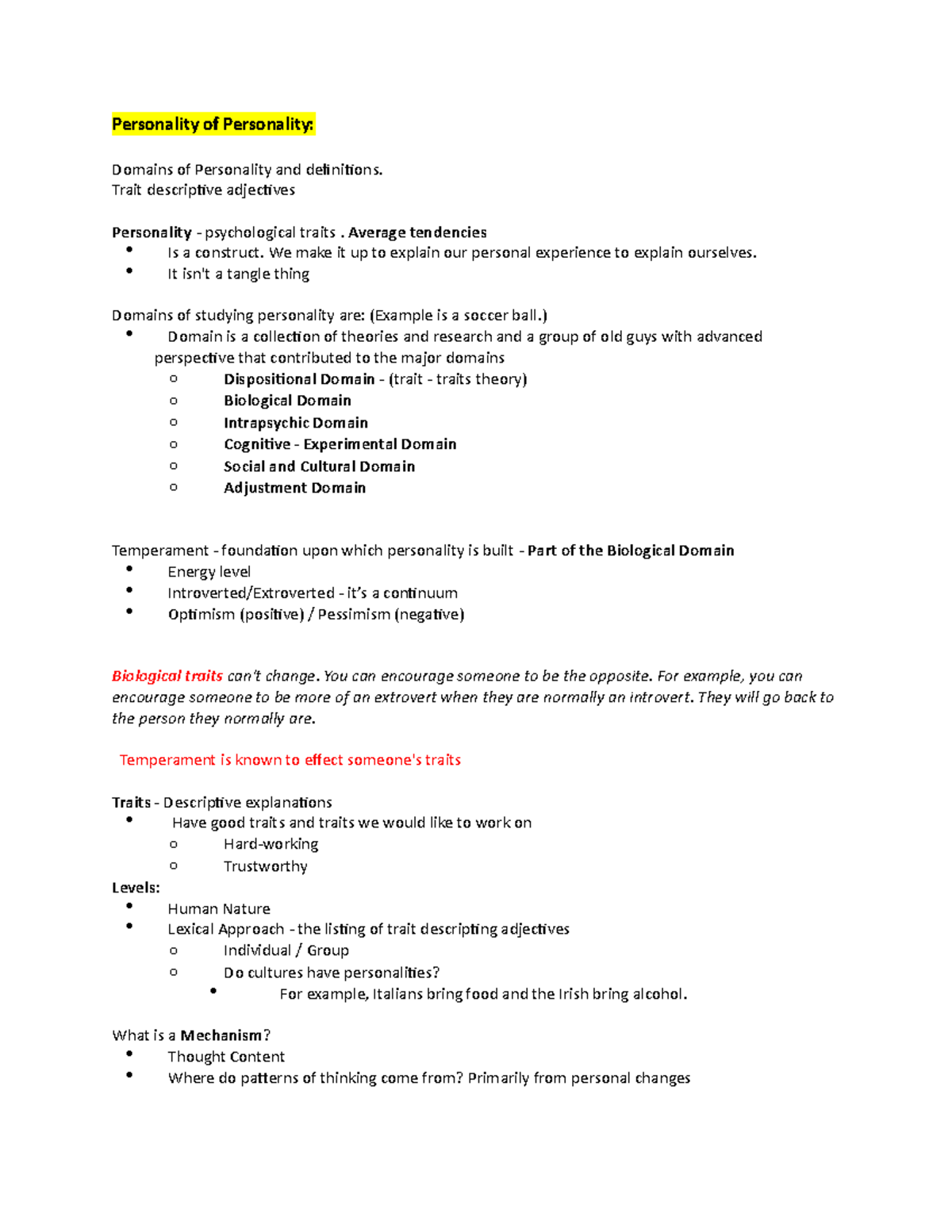 Psychology of Personality Notes - Personality of Personality: Domains ...