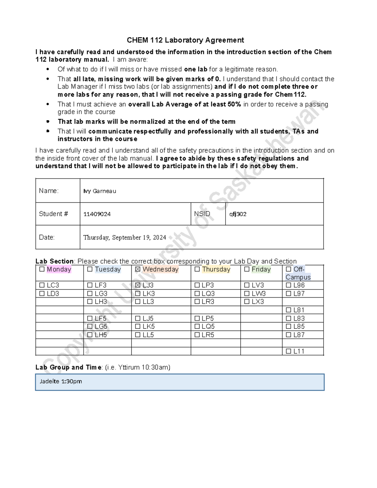 Lab Agreement CHEM 112 - CHEM 112 Laboratory Agreement I have carefully ...