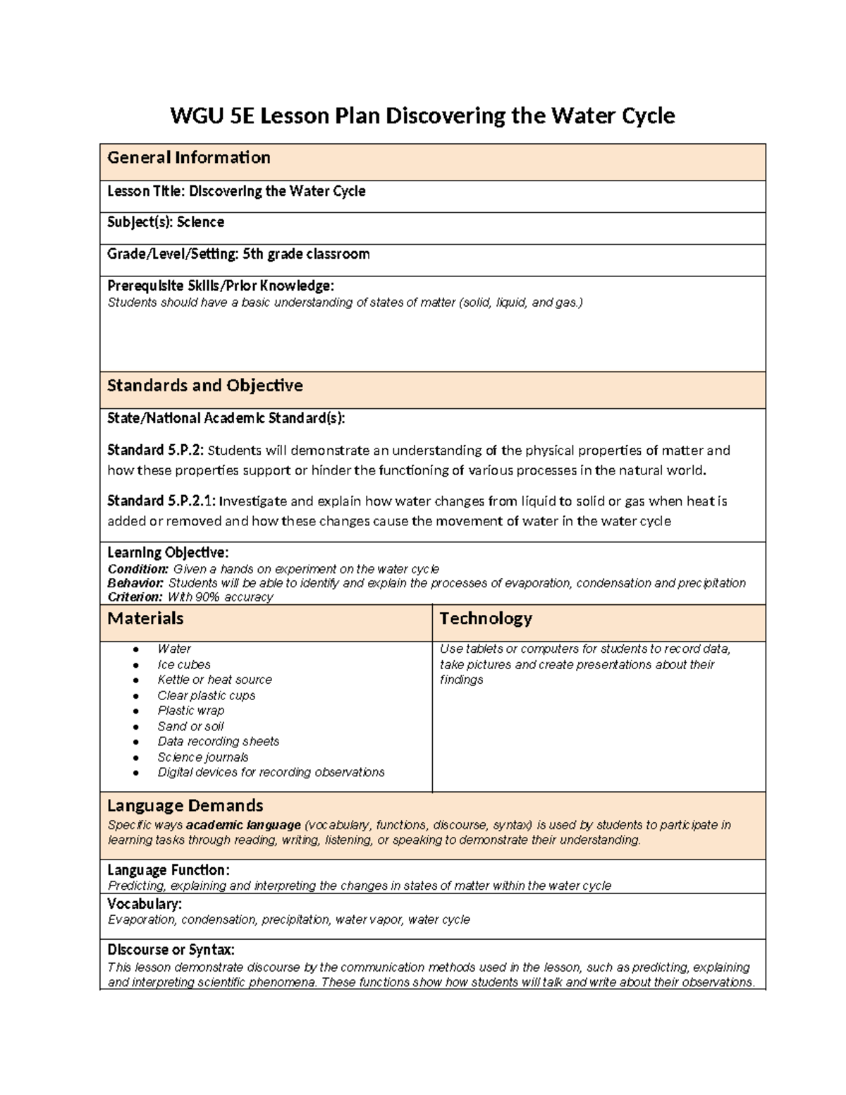 WGU 5E Lesson Plan: Exploring the Water Cycle for 5th Grade Classroom ...