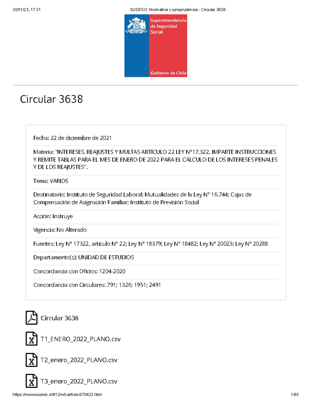Suseso Normativa y jurisprudencia - Circular 3638 - Circular 3638 Fecha ...
