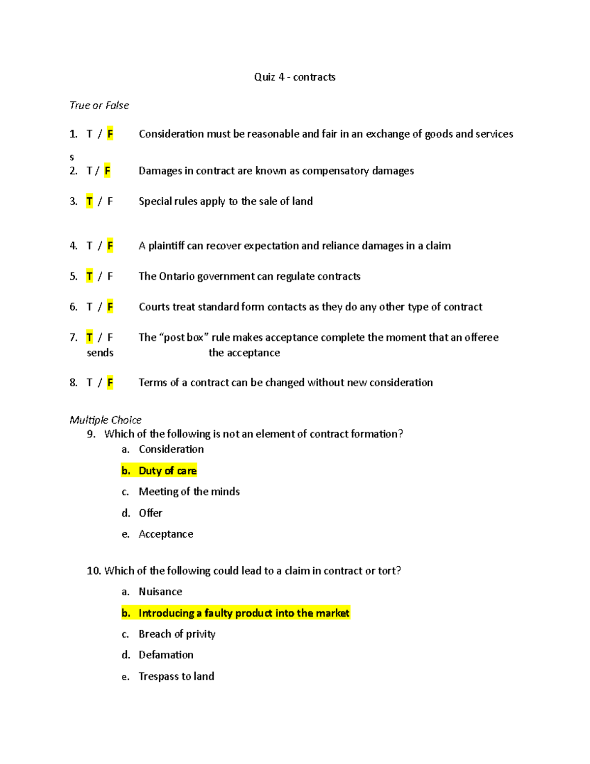 Quiz 4 - Contracts - Quiz 4 - contracts True or False T / F ...