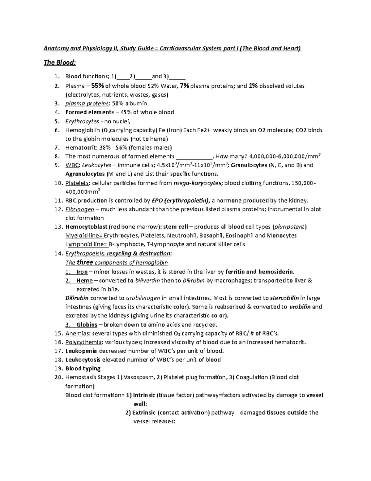 Anatomy and Physiology II Study Guide Exam 1 - Plasma – 55% of whole ...
