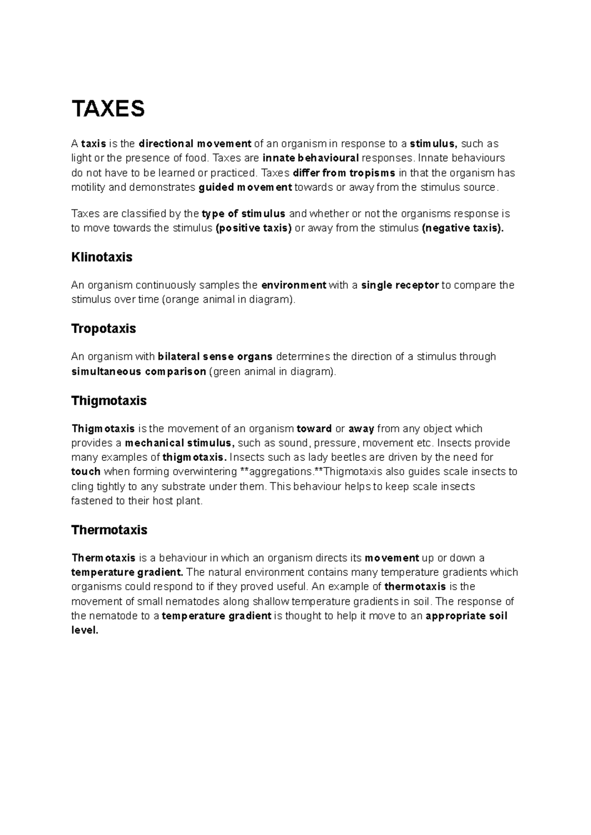 Taxes - Types of directional movement for organisms - TAXES A taxis is ...