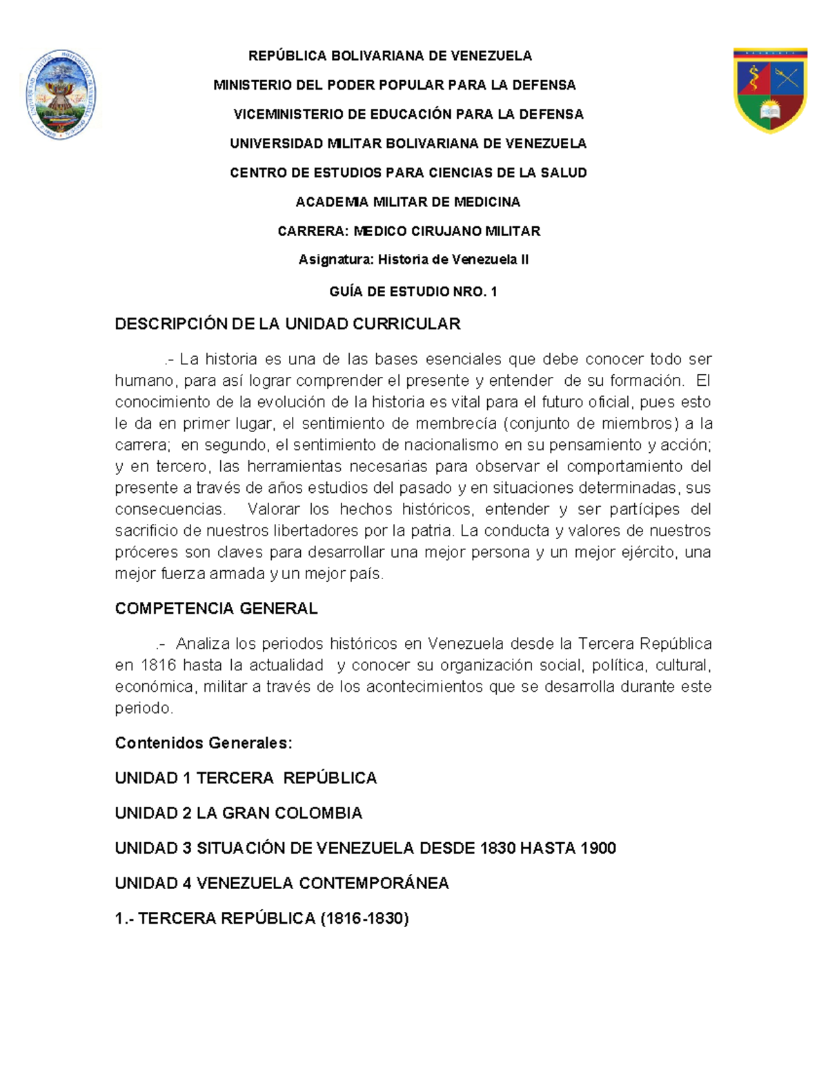 GUIA DE Historia DE Venezuela II. Marzo 2018 - REPÚBLICA BOLIVARIANA DE ...