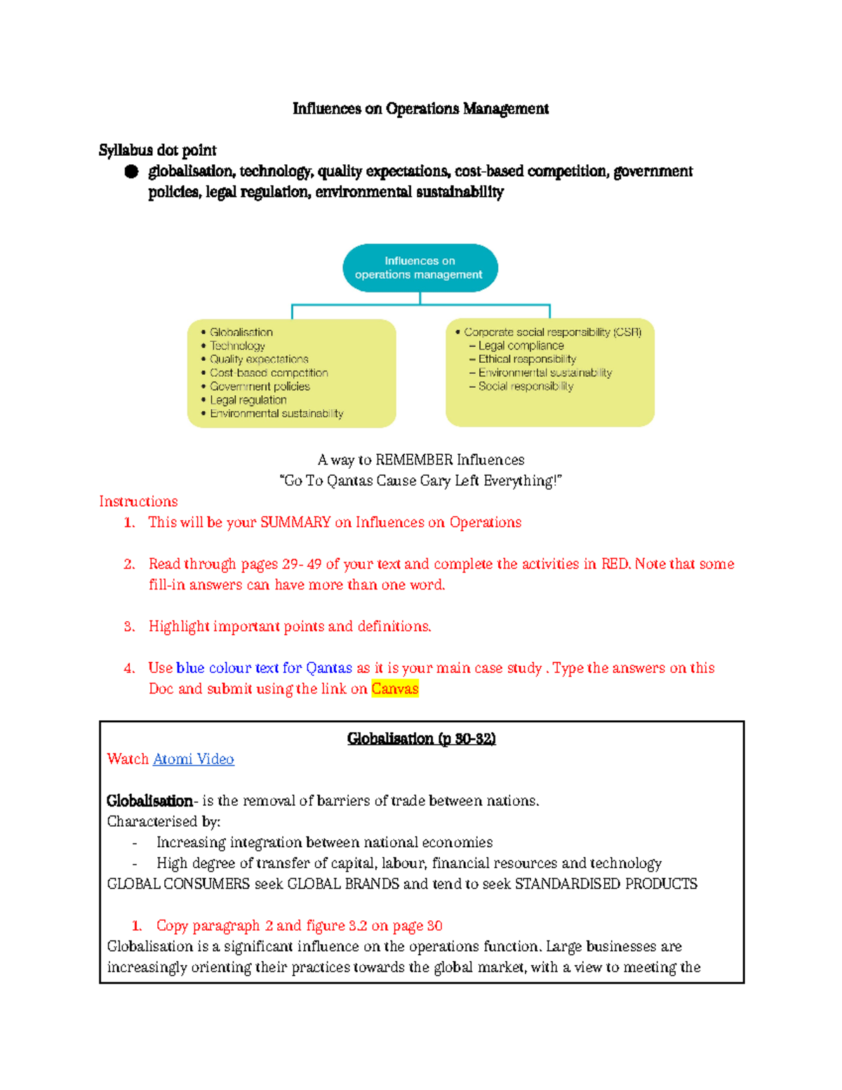 Influences on Operations Student Worksheet - Influences on Operations ...