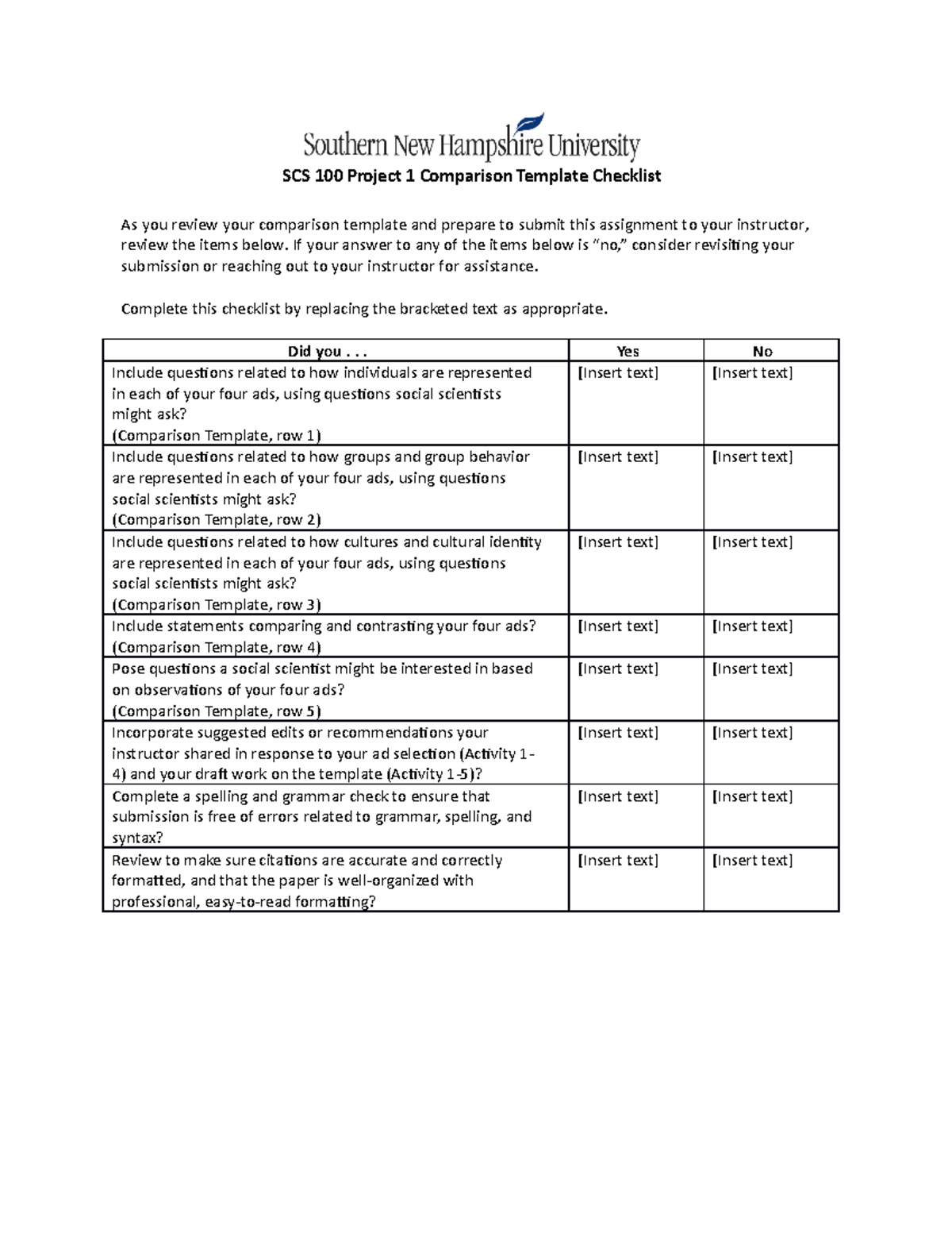 SCS 100 Project 1 Comparison Template Checklist - SCS 100 Project 1 ...