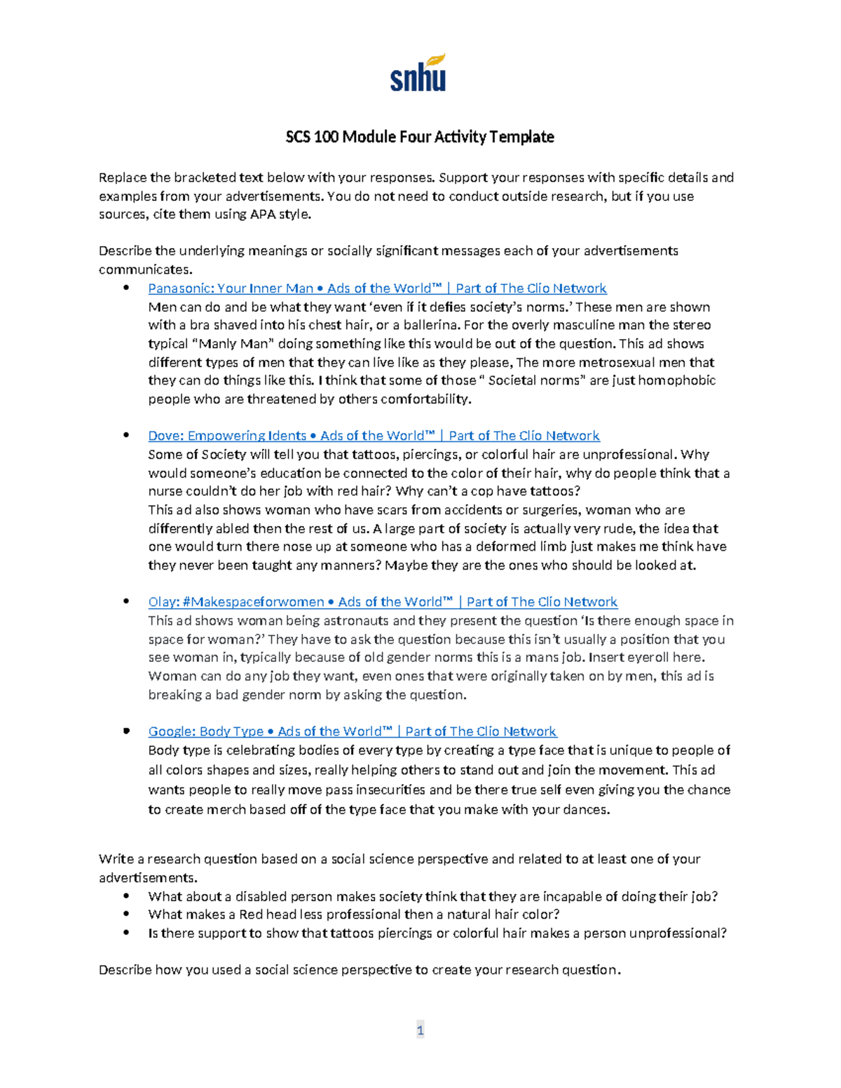 SCS 100 Module Four Activity Template - SCS 100 Module Four Activity Template Replace the ...