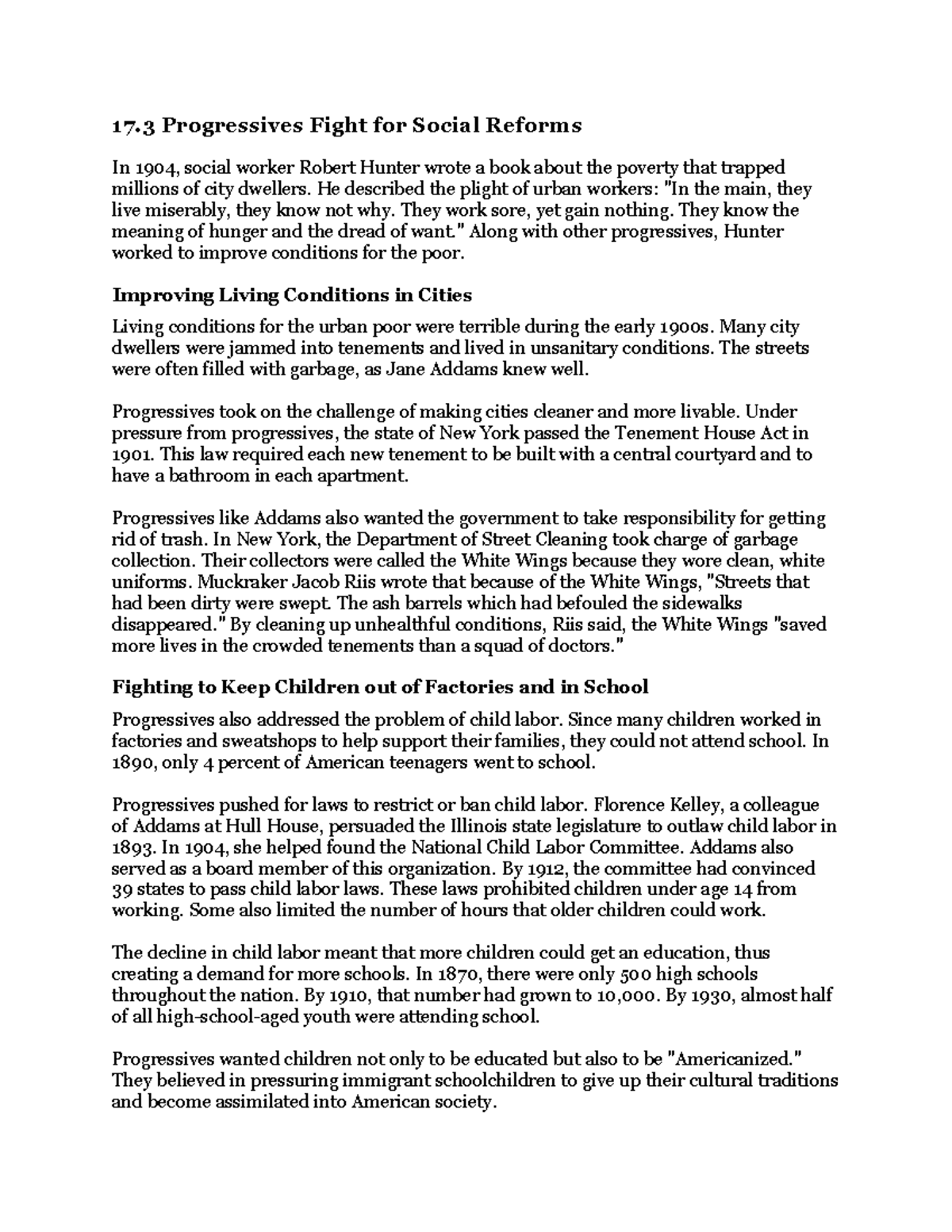 17.3 Progressives Fight for Social Reform - 17 Progressives Fight for ...