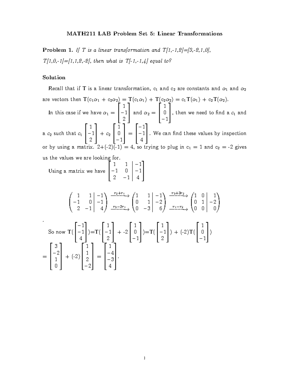 MATH211-Problem Set 5-Linear Transformations-Solutions - MATH211 LAB Problem Set 5: Linear - Studocu