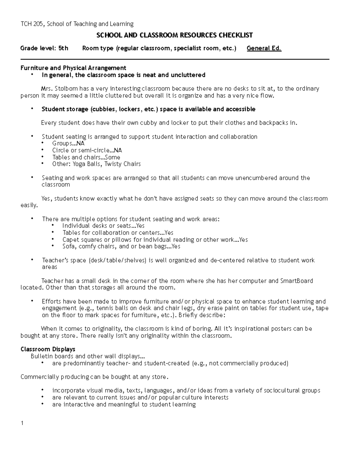 School and Classroom Resources Checklist - TCH 205, School of Teaching ...
