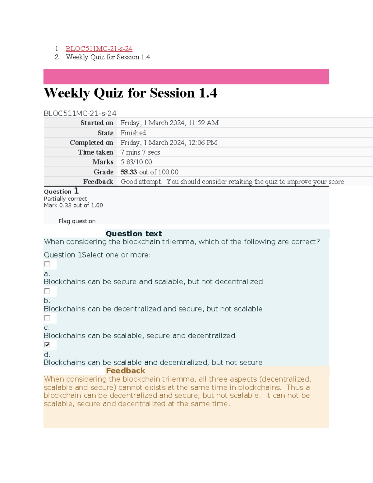Weekly QUIZ 1 - Exercise - 1. BLOC511MC-21-s- 2. Weekly Quiz for ...