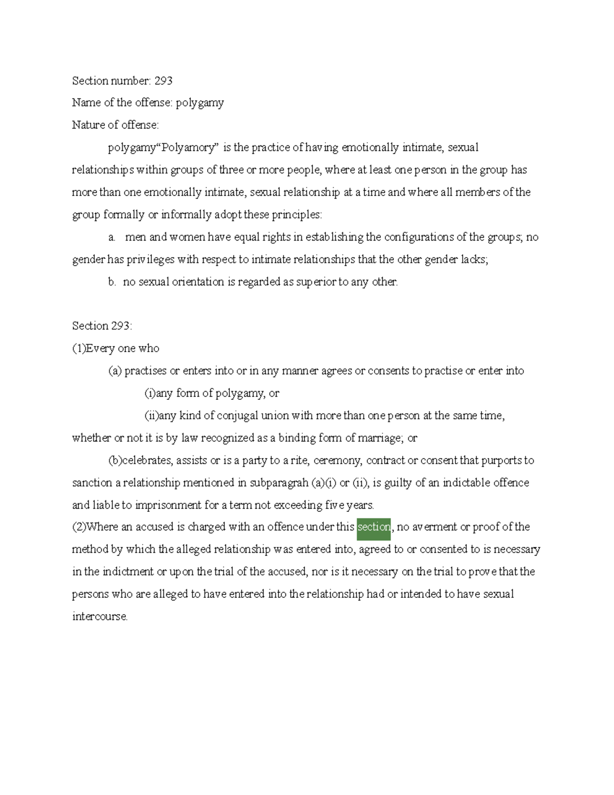 Assignment JS100 - Section number: 293 Name of the offense: polygamy ...