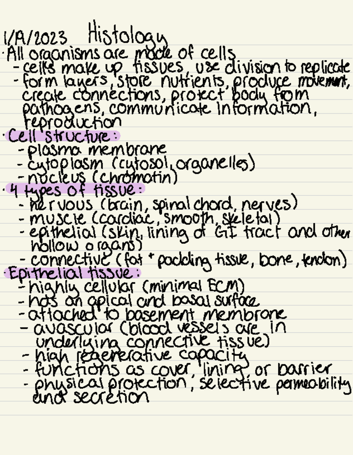 Cell 220 Histology - 1/19/2023 Histology ·All organisms are made of ...