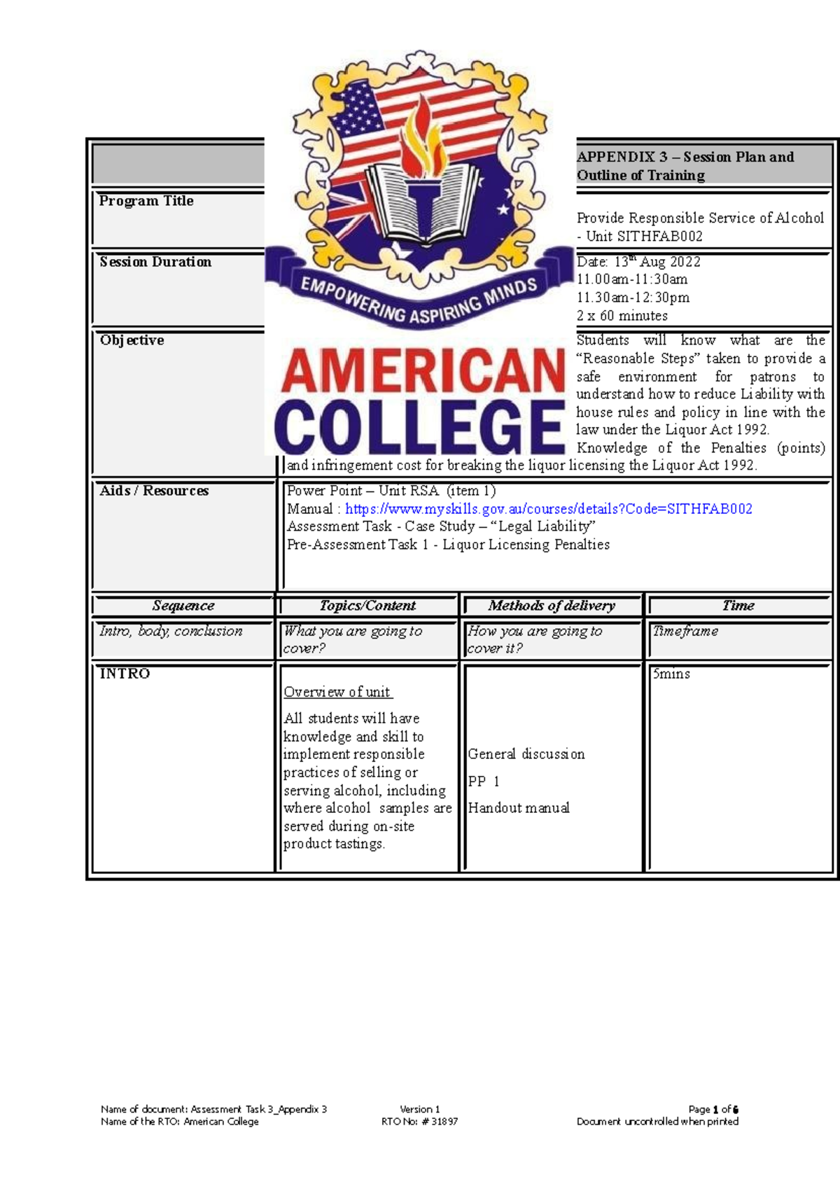 Appendix 3 Session Plan and Outline of Training - APPENDIX 3 – Session ...