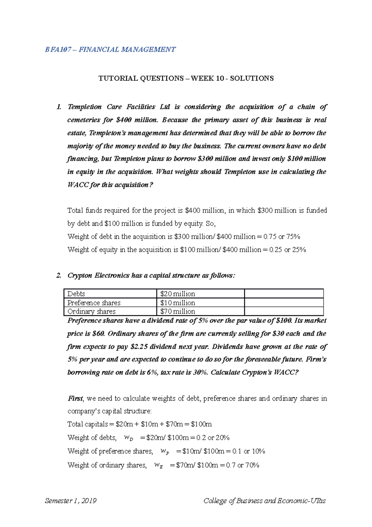 Week 10 Tutorial solutions - BFA107 – FINANCIAL MANAGEMENT TUTORIAL ...