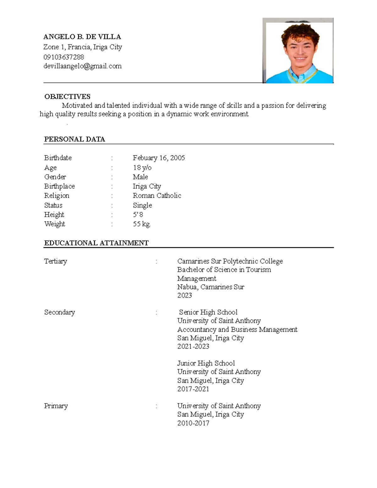 Resume Application Letter Steph - OBJECTIVES Motivated and talented ...