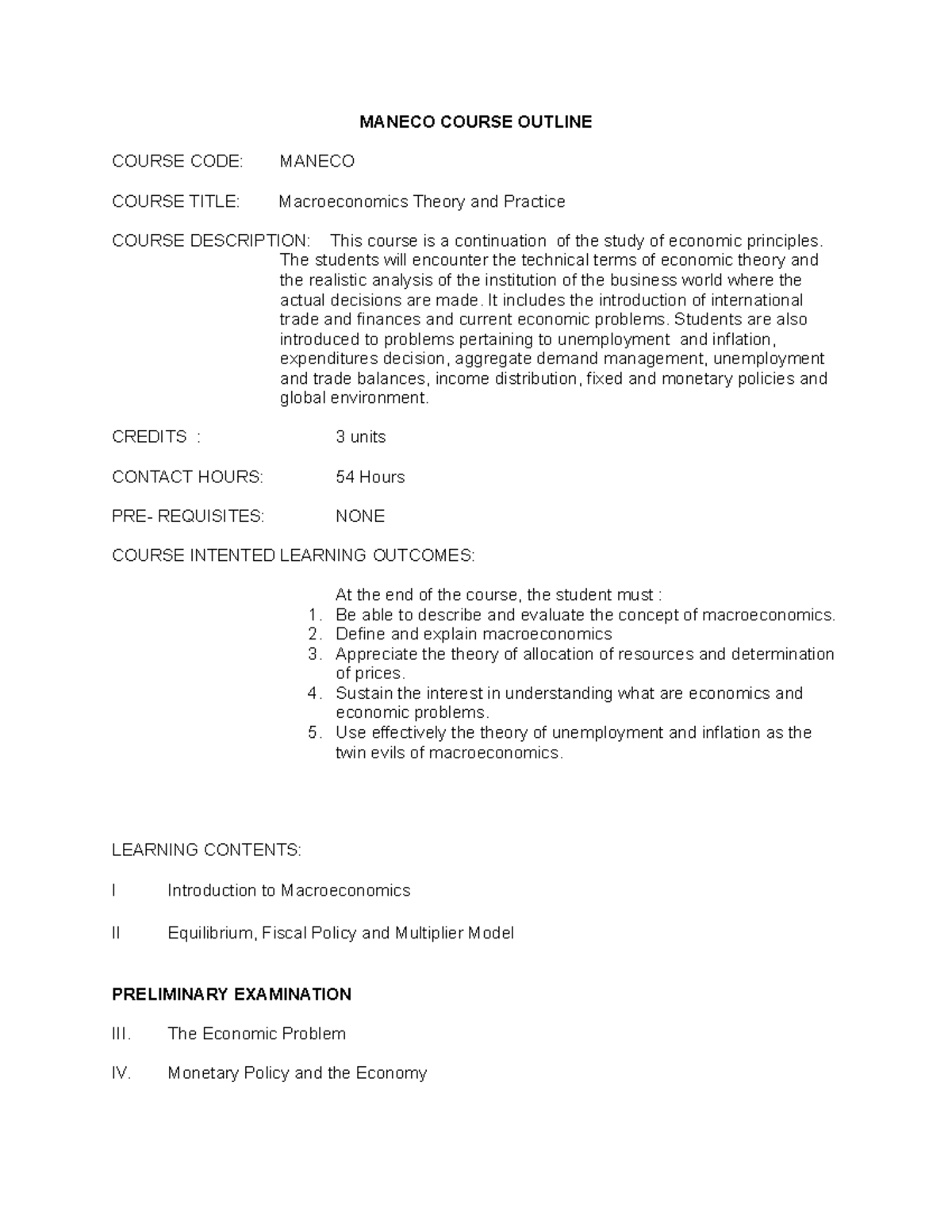 Maneco Course Outline - MANECO COURSE OUTLINE COURSE CODE: MANECO ...