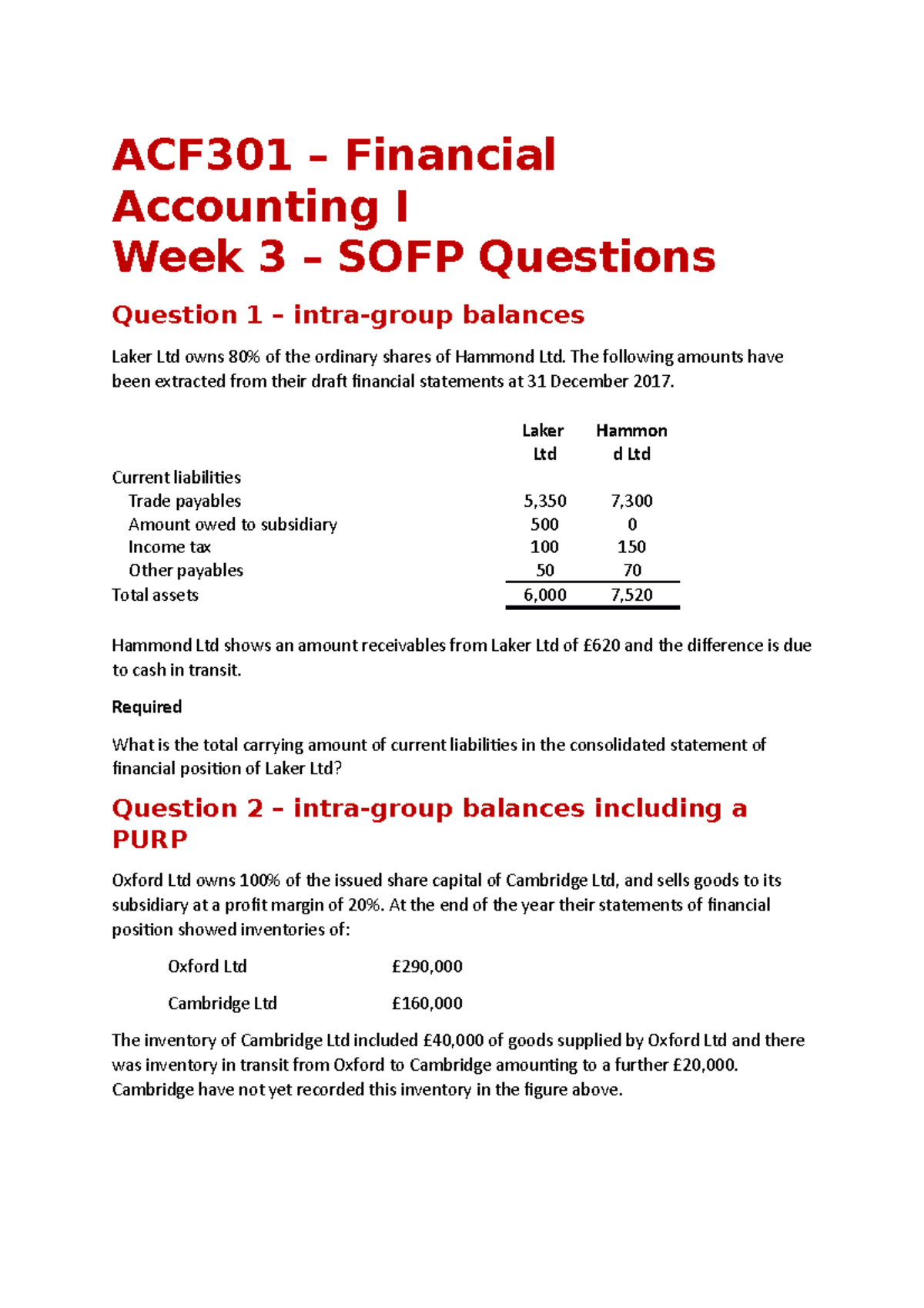 Week 3 - workshop questions - ACF301 – Financial Accounting I Week 3 ...