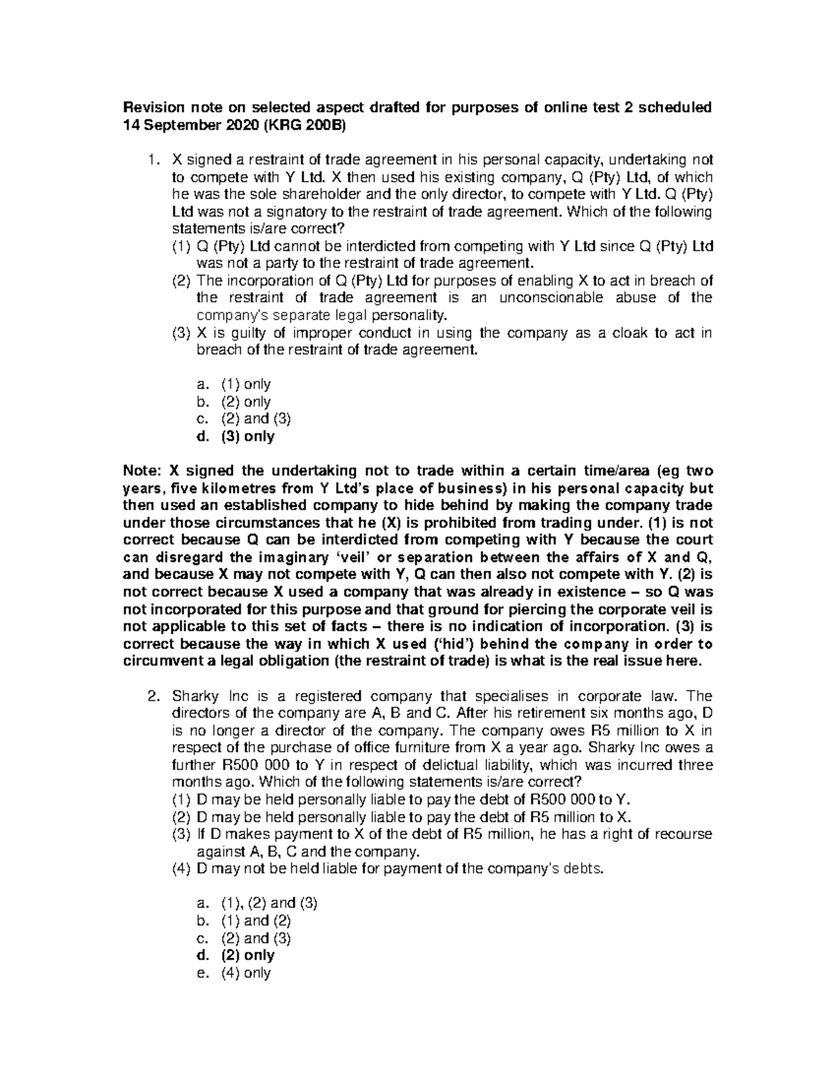 Revision note with questions KRG 200 B - Revision note on selected ...