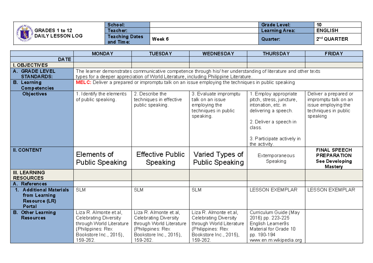 English 10 Q2 WEEK 7 ( Optional) - MONDAY TUESDAY WEDNESDAY THURSDAY ...