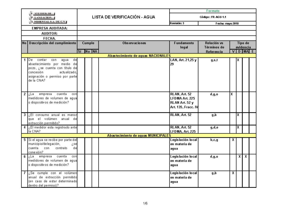FR-AGU-1.1 Lista verificacion agua - RevisiÛn: 3 SÌ No NA V D MA E 1 De ...