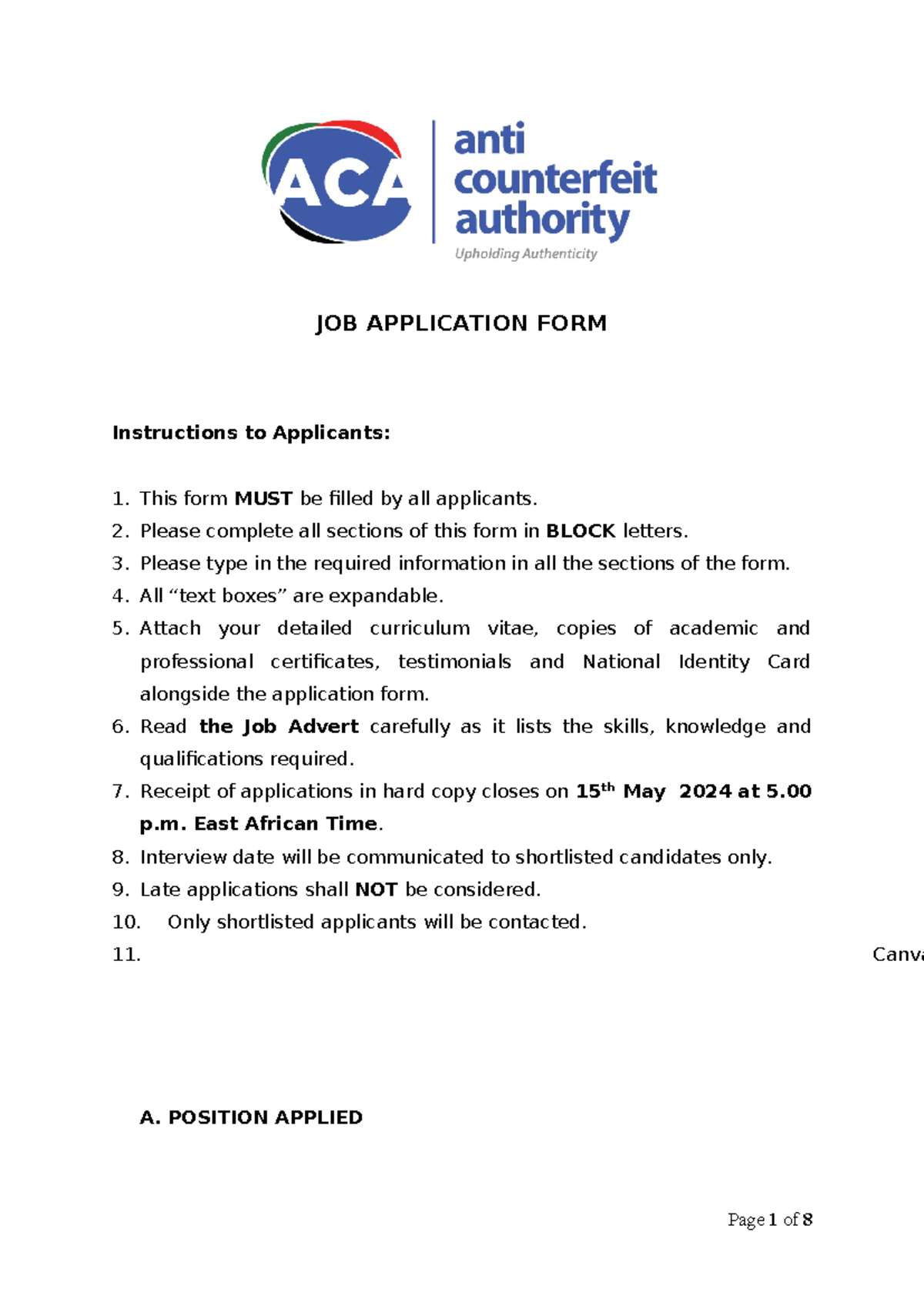 ANTI - Couterfeit - COUNTERFEIT - JOB APPLICATION FORM Instructions to ...