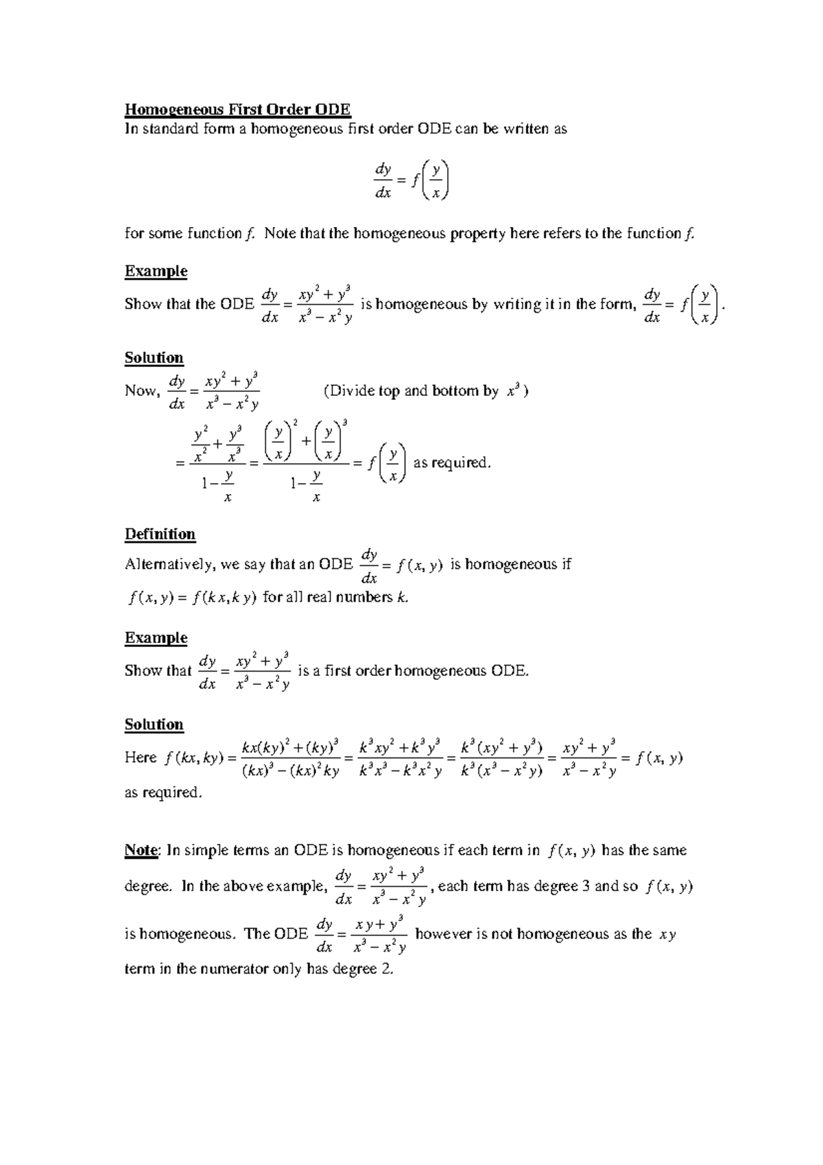 Homogeneous ODEs - notes - Homogeneous First Order ODE In standard form ...