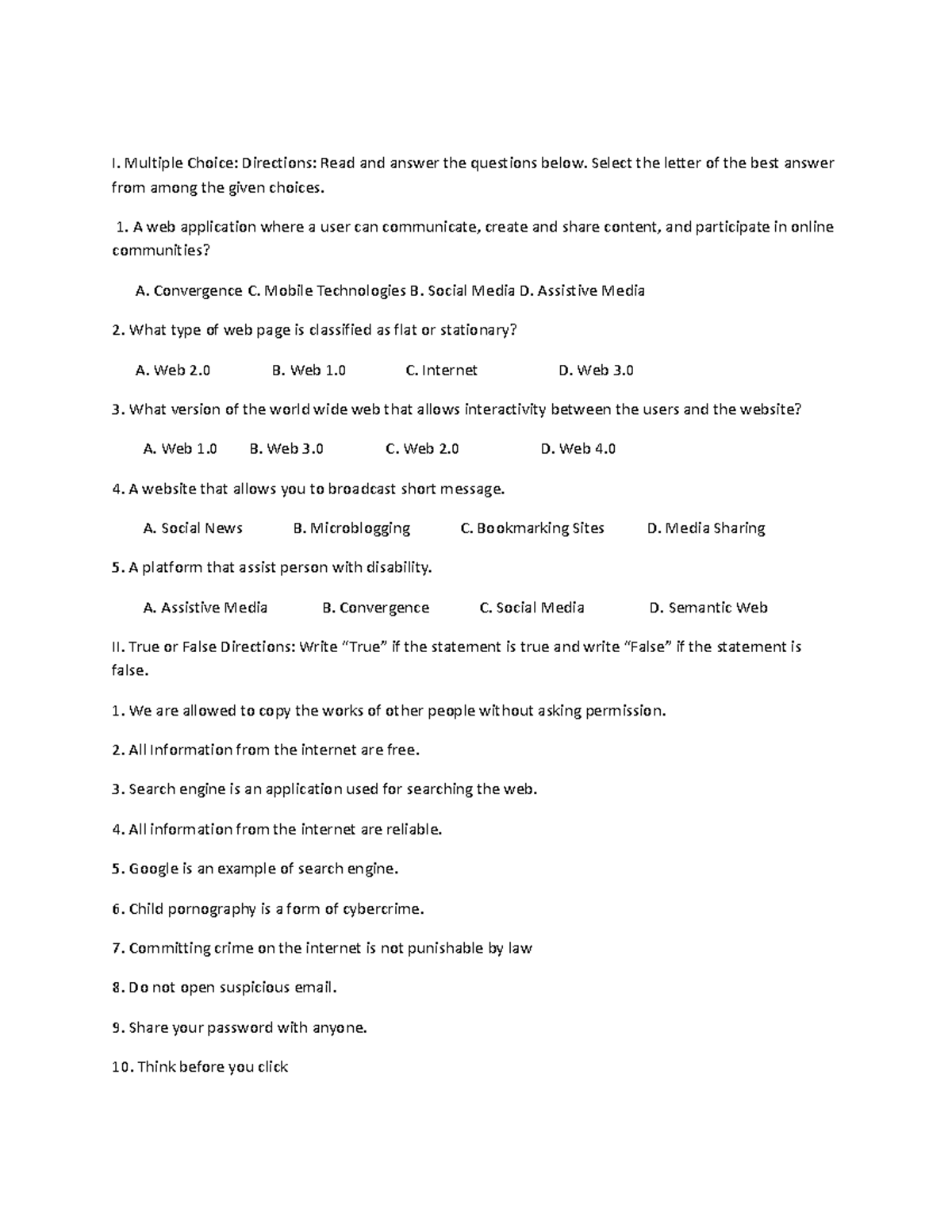 Assessment - I. Multiple Choice: Directions: Read and answer the ...