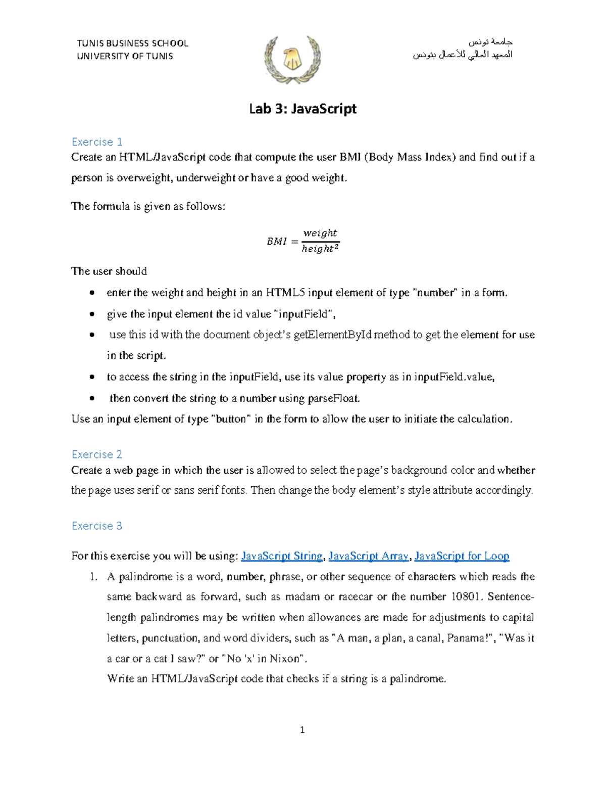 Lab 3 Java Script - kra"fk: - UNIVERSITY OF TUNIS المعهد العالي للأعمال بتونس Lab 3: JavaScript ...